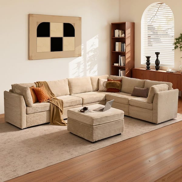 Allwex Cuke 127 in. Wide 7-Piece Modern Deep Seat Plush Corduroy L ...