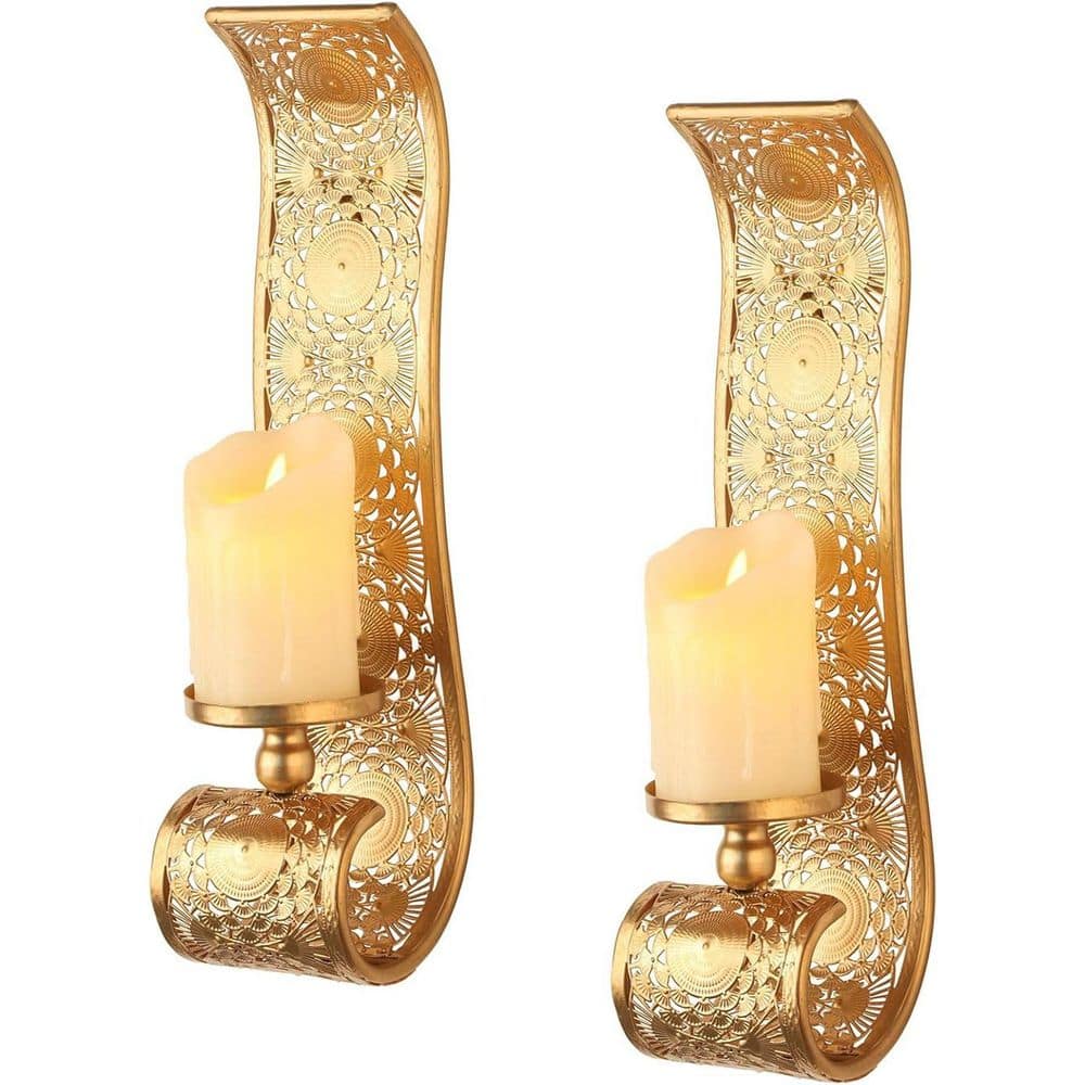 PALEO HOME LLC Gold Metal Wall Mount Candle Holder, Wall Candle Sconce Set of 2 MKCS39H77-G ...