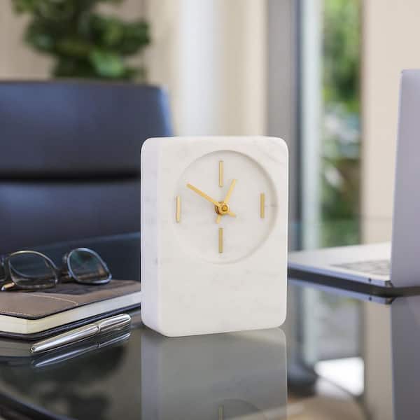 Liv & Skye White Marble 7.25 in. H Table Clock With Brass Details 22899 ...