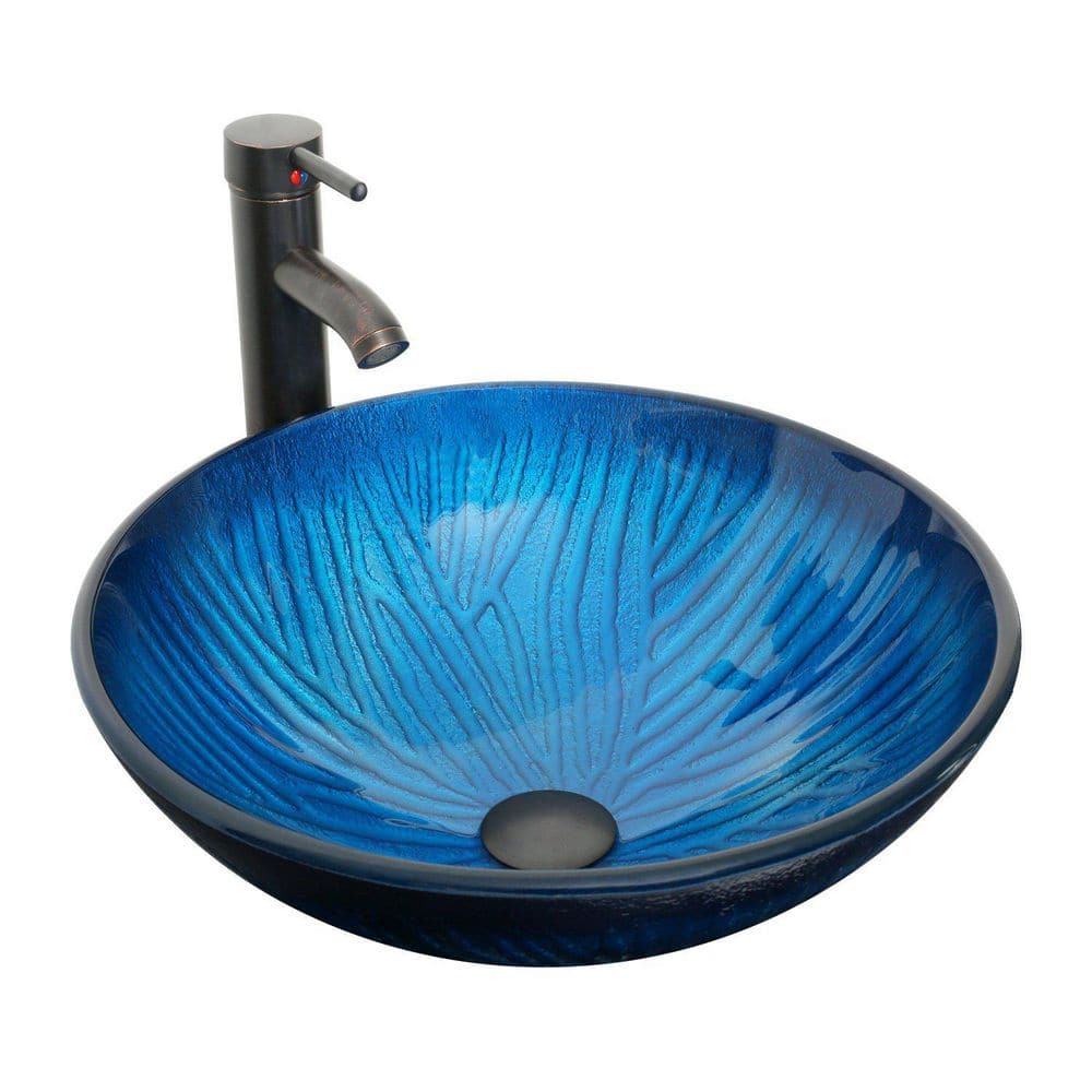 eclife Cameo Solid Tempered Glass Round Vessel Sink in Blue with Faucet ...