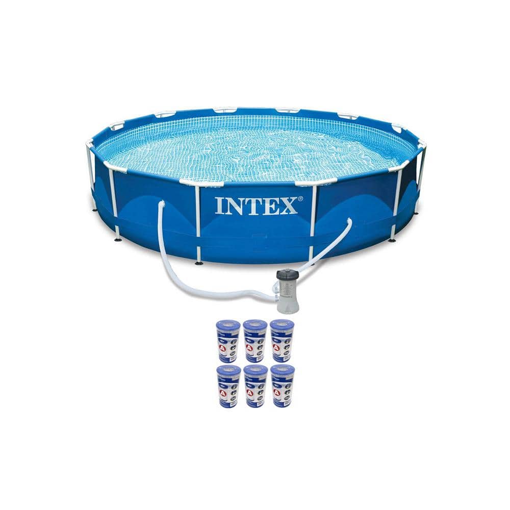 Intex 12 ft. x 30 in. Deep Round Metal Frame Swimming Pool with 530 GPH ...
