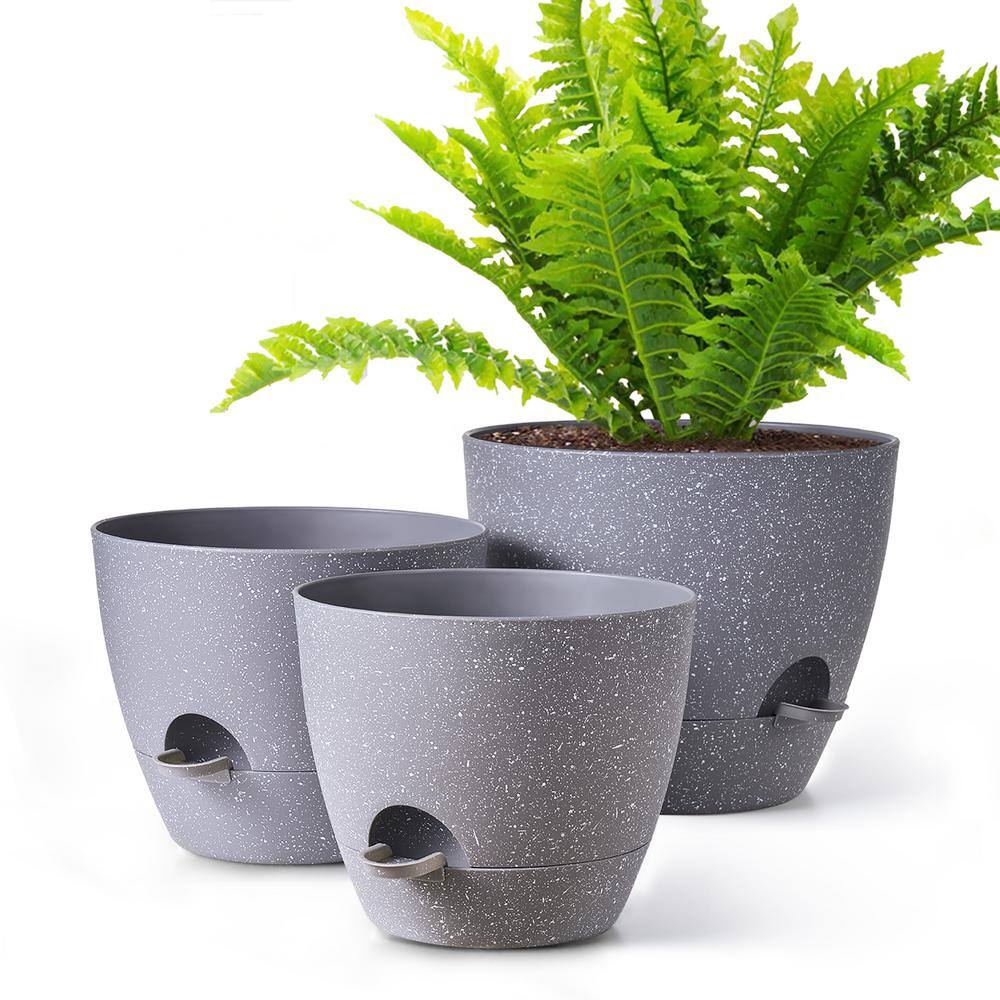 CONCORDIA KRONOS LLC Plant Pot 12/10/9 in., Speckled Grey Plastic Self ...