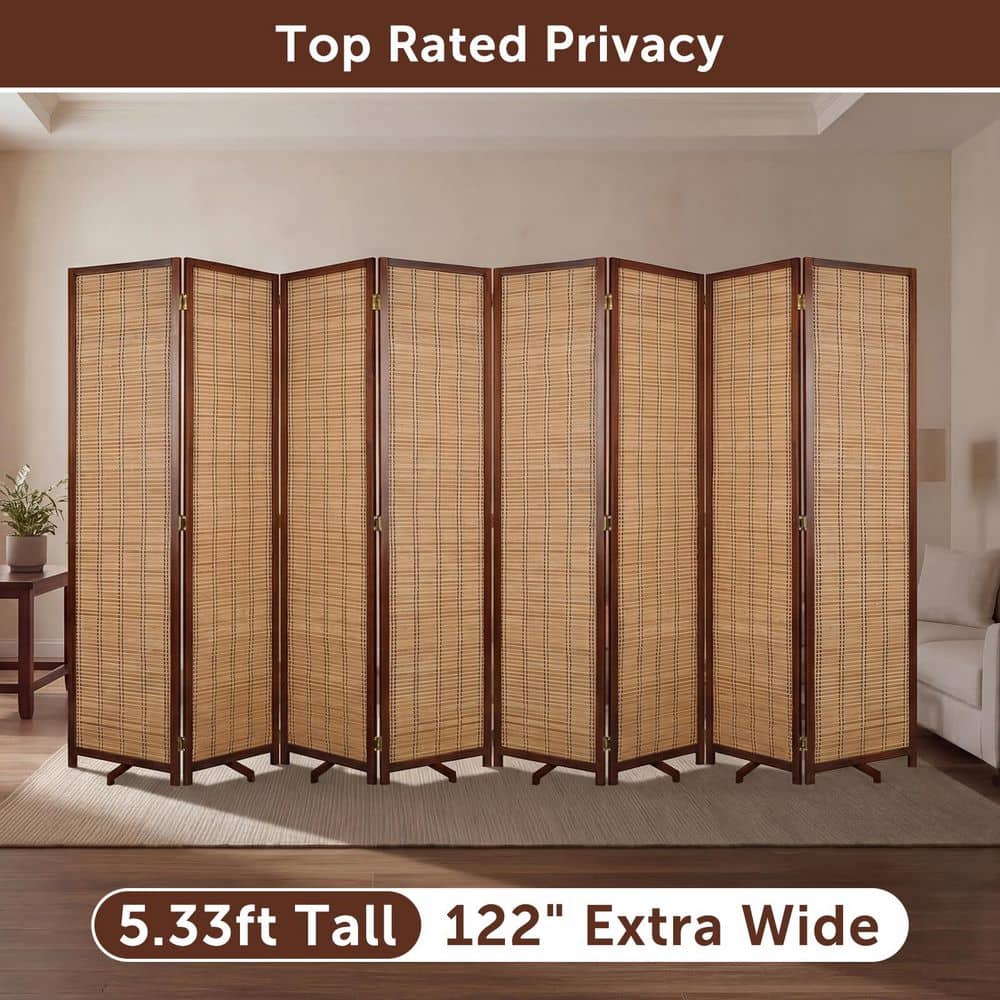 Seafuloy 123 in. W x 64 in. H Brown Bamboo Room Divider Screen, Natural ...