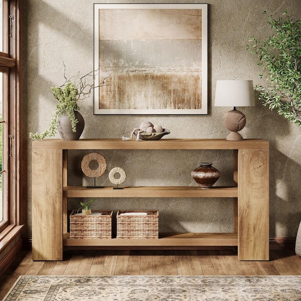 BYBLIGHT Turrella 70.9 in. Brown Rectangle Wood Console Table, Extra ...