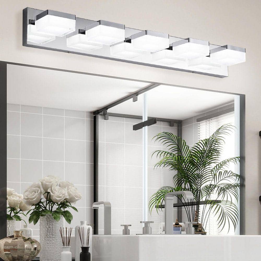Gloweer 31 in. 5-Light Chrome LED Vanity Light Fixtures, Modern ...