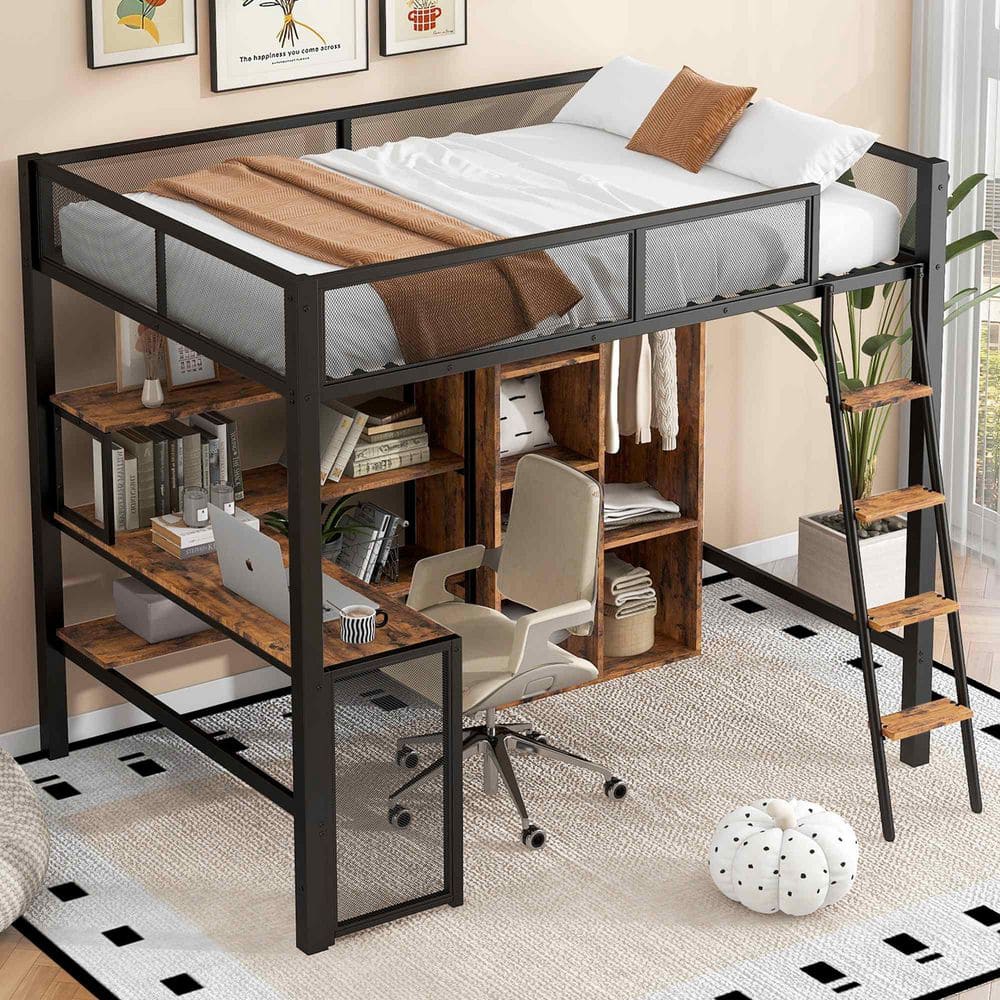 Polibi Black Full Size Wood Loft Bed with Built-in Desk, Wardrobe and Shelves RD14-20091AAB ...