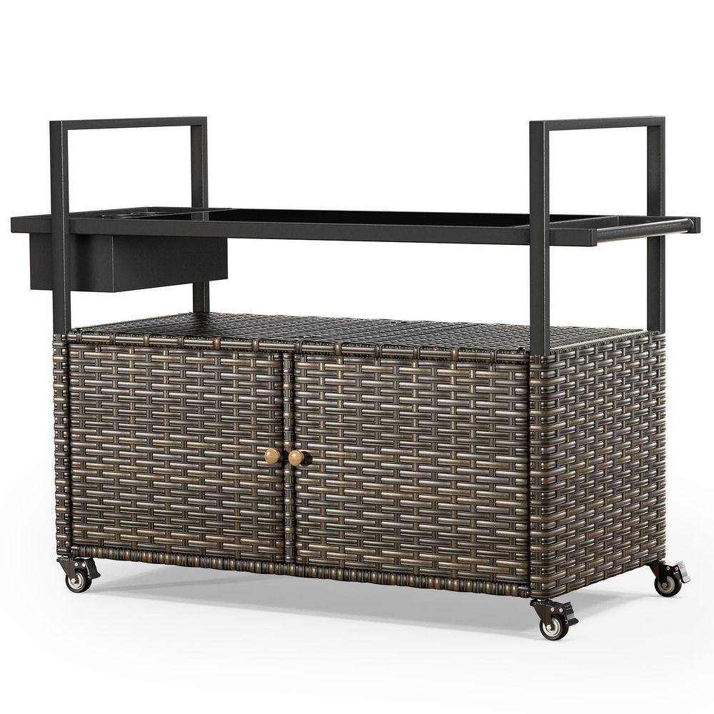 Bellefurn Patio Serving Cart in Brown, Outdoor Wicker Bar Cart, Wicker ...