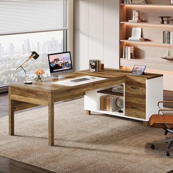 TRIBESIGNS WAY TO ORIGIN Halseey 79 in. L Shaped Rustic Brown Wood 2 ...