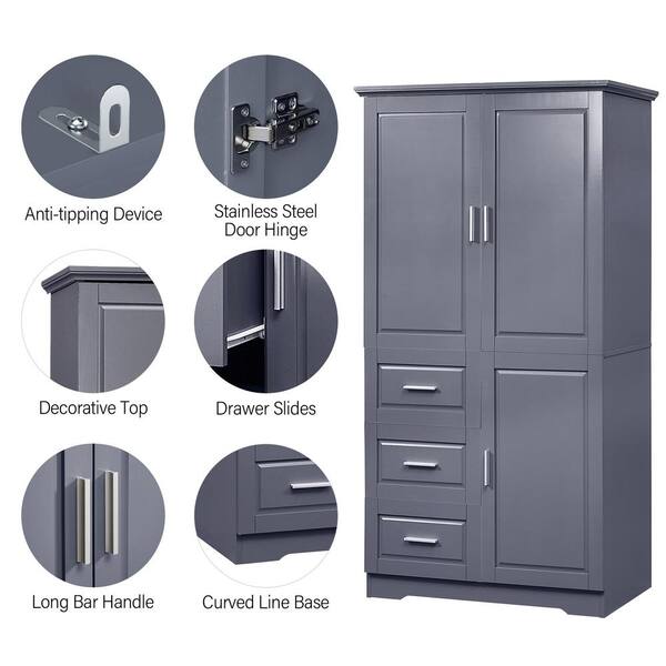32.60 in. H Wx19.60 in. H D x 62.20 in. H Gray Tall and Wide Linen Cabinet with 3 Drawers for Bathroom and Office