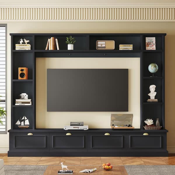 Clihome Black Large Wall Unit Entertainment Center with Bookshelves for ...