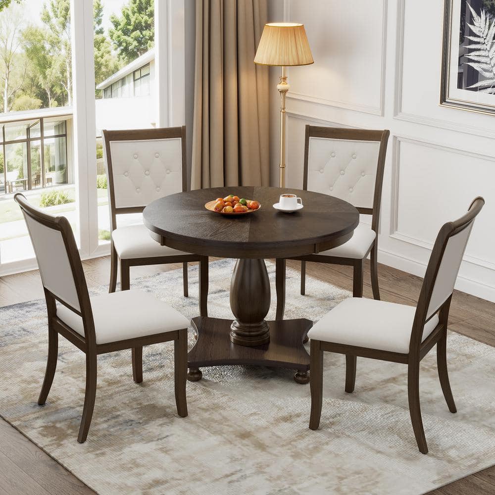Nestfair Espresso 5 Piece Round Dining Table with 4 Upholstered Chairs
