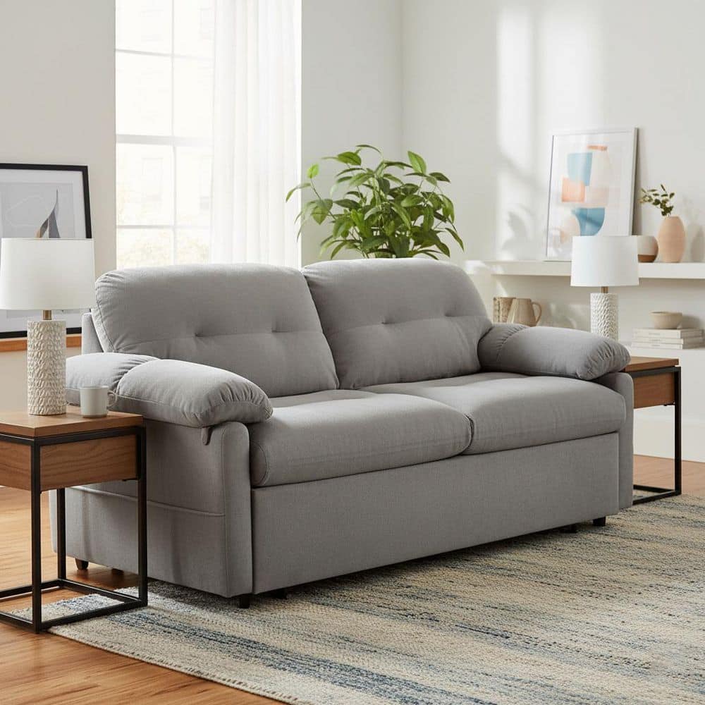 Homy Casa SLPPE 72 in. Cloud Grey Chenille Queen Size 2-Seat Sofa Bed with Pillow Arm and Pull ...