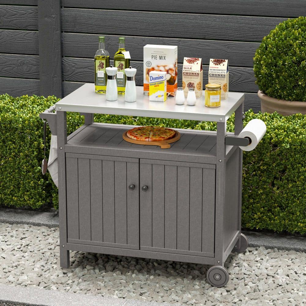 Cesicia 42 in. Gray Outdoor Grilling Cart with Stainless Steel ...