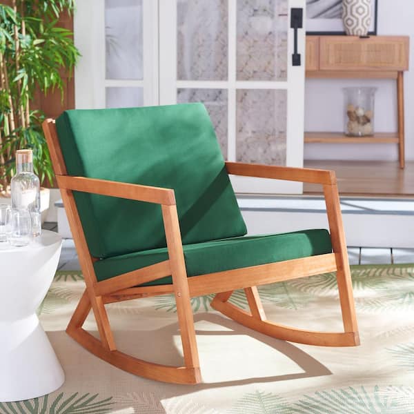 SAFAVIEH Vernon Light Brown 1 Piece Eucalyptus Wood Outdoor Rocking Chair with Green Cushion PAT7013N The Home Depot