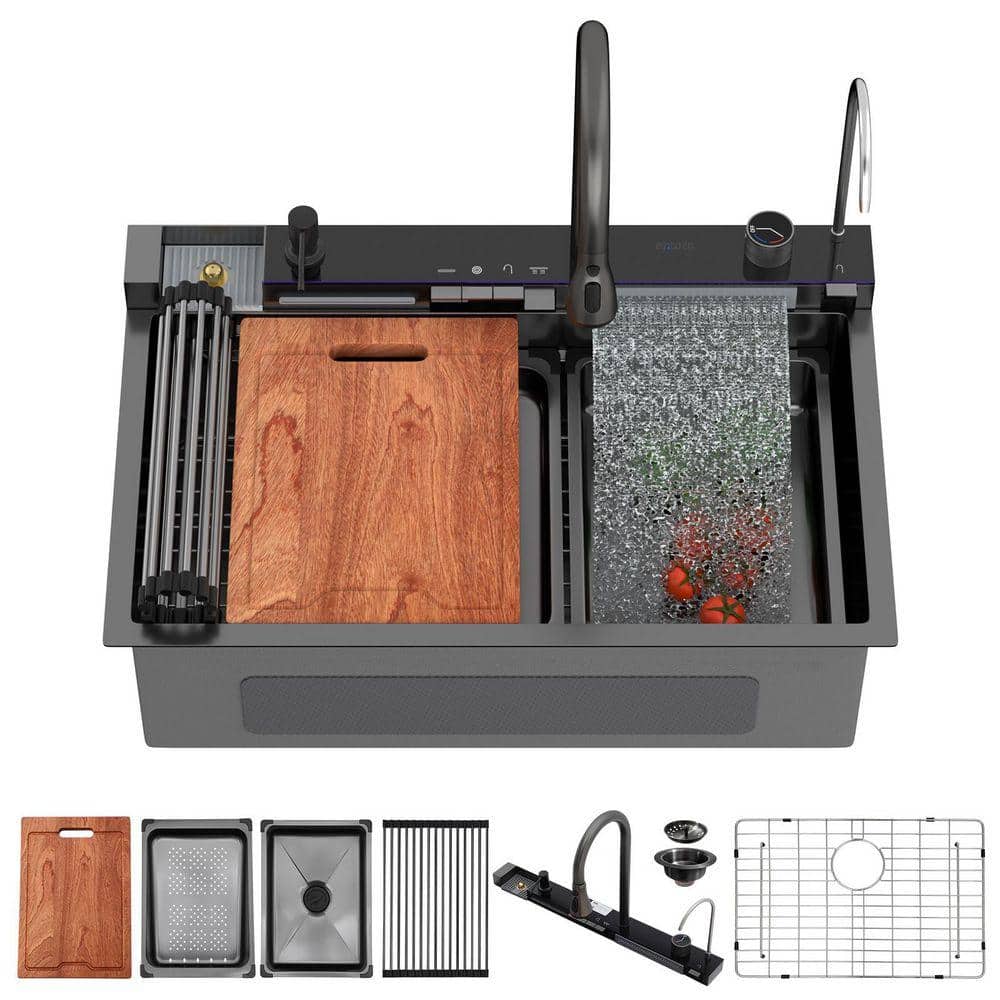 Logmey 30 in. Drop-in Single Bowl 16-Gauge Gunmetal Black Stainless ...