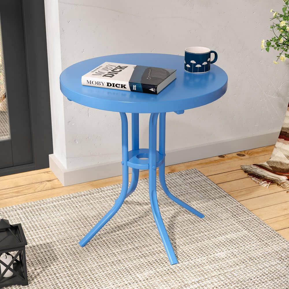 JOYESERY Patio Navy Blue Round Metal Frame Outdoor Side Table for Room ...