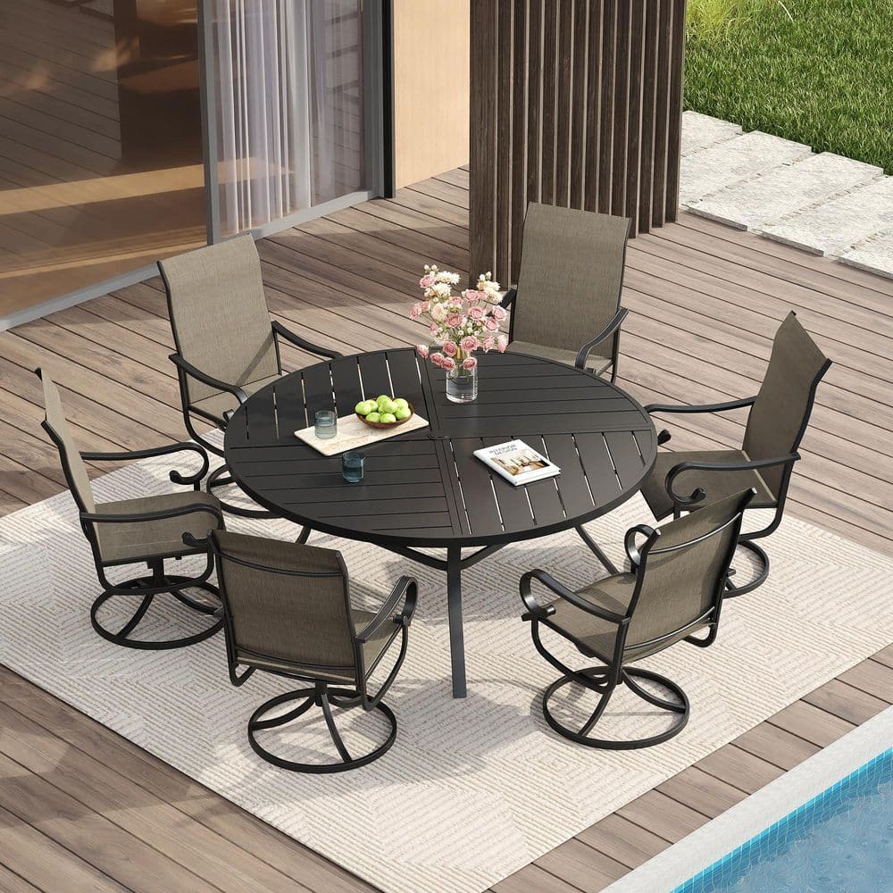 DIFY 7-Piece Outdoor Patio Dining Set with 50 in. Black Metal Round ...