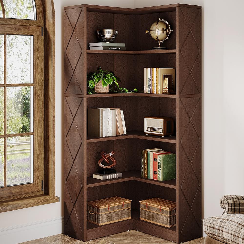 BYBLIGHT Eulas 70.9 in. Tall Dark Walnut Wood 5-Shelf Corner Bookcase ...