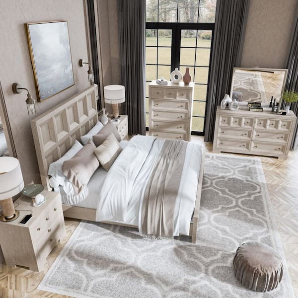 Furniture of America Flonnin 6-Piece Tawny Wood Frame King Panel Bedroom Set with 3-Drawer ...