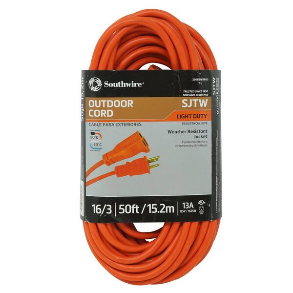 Southwire 50 ft. 16/3 SJTW Outdoor Light-Duty Extension Cord 2308SW8803 ...