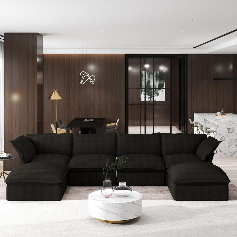 J&E Home 162.98 in. Flared Arm 6-Piece linen U Shaped Sectional Sofa in ...