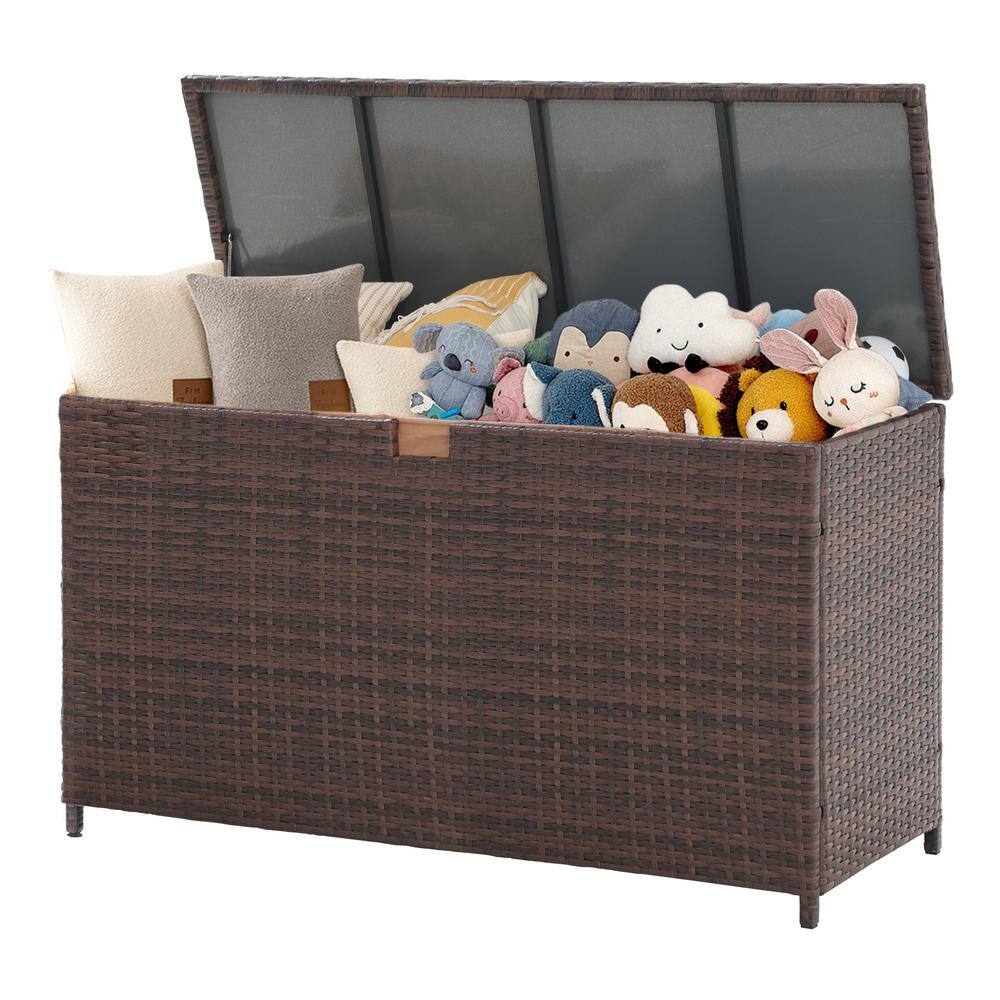 Yangming 120 Gal. Brown Wicker Aluminum Frame Outdoor Storage Bench ...