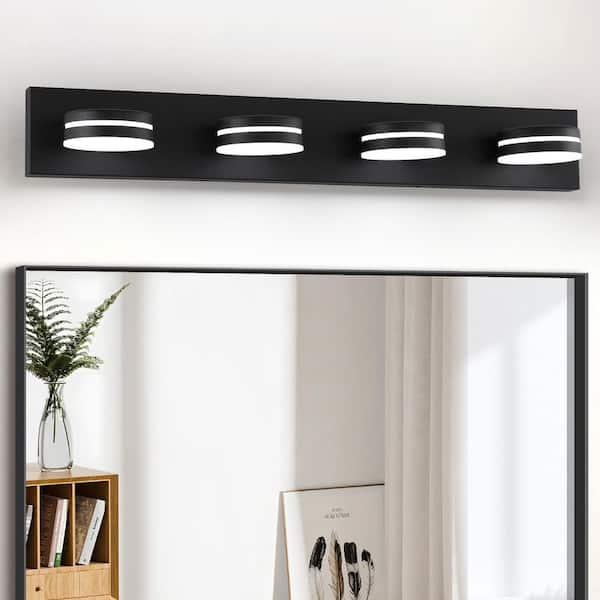 JUSHENG 30 in. 4-Light Black LED Vanity Light with Dimmable 5500K Light ...