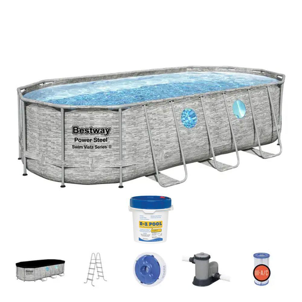 Bestway 18 ft. x 9 ft. Oval 48 in. Metal Frame Pool with Concentrated ...