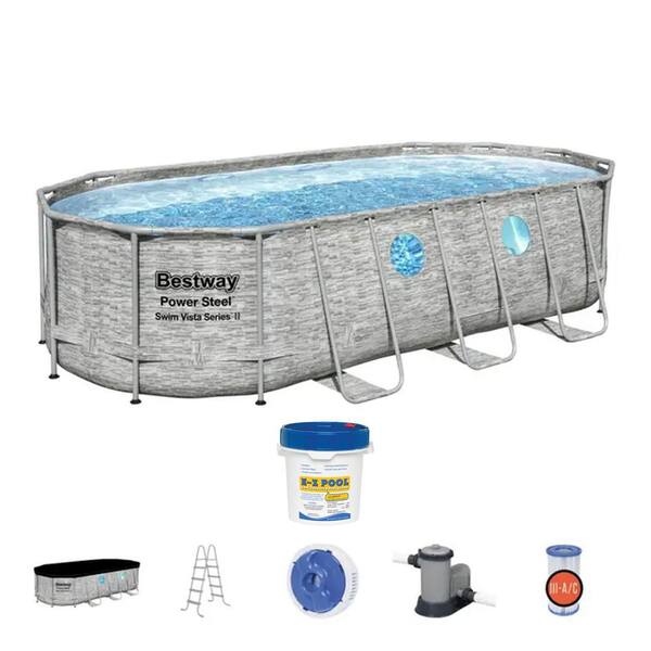 Bestway 18 ft. x 9 ft. Oval 48 in. Metal Frame Pool with Concentrated ...