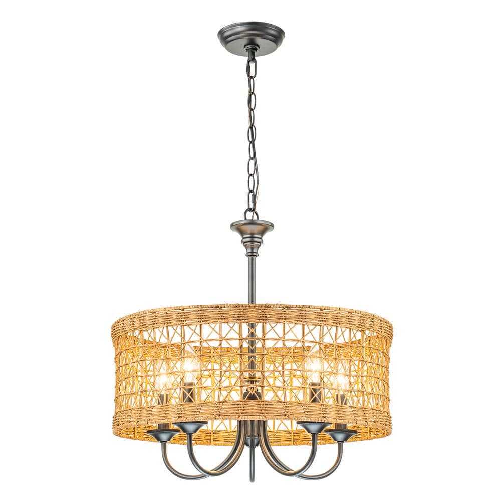 RRTYO Mclendon 5-Light Farmhouse Boho Rustic Black Round Rattan Pendant ...