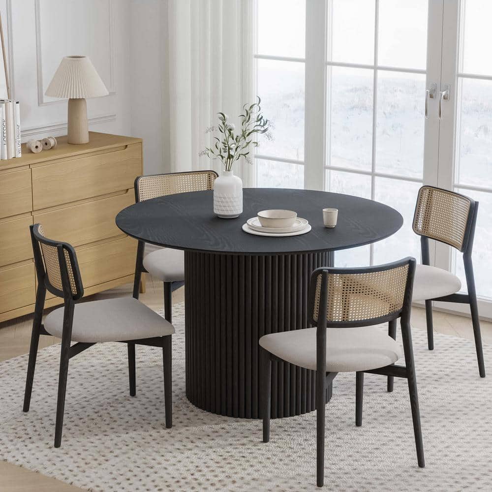 Dovelina 46 in. Oak Wood Black Column Pedestal Round Kitchen Table ...