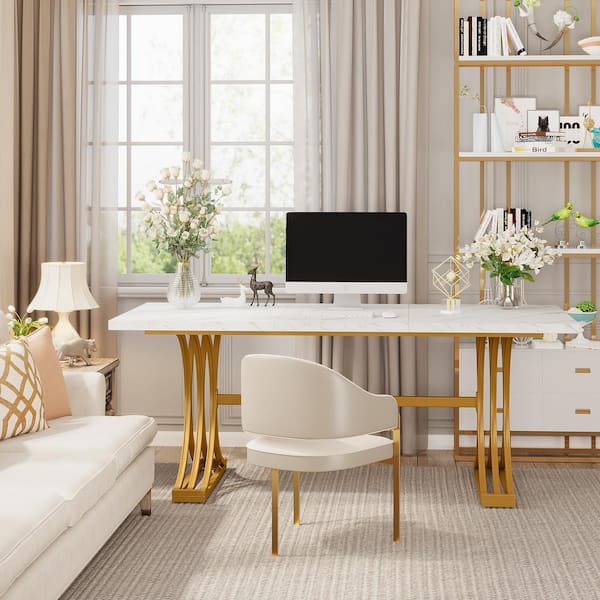 BYBLIGHT Moronia 63 in. Rectangular White and Gold Wood Computer Desk with Solid Metal Legs for Work Study BB XK00425HY CT