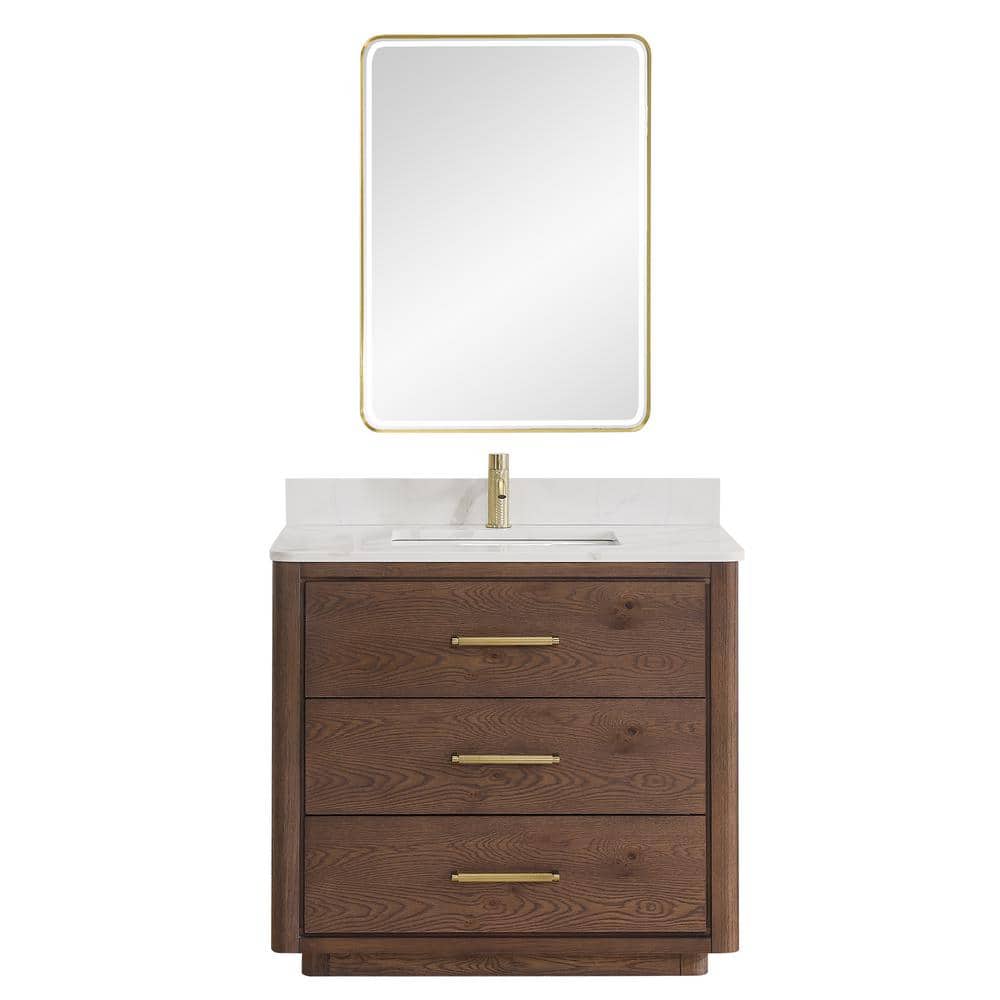 ROSWELL Porto 36 in. W x 22 in. D x 33.8 in. H Single Sink Bath Vanity in Dark Brown with White ...