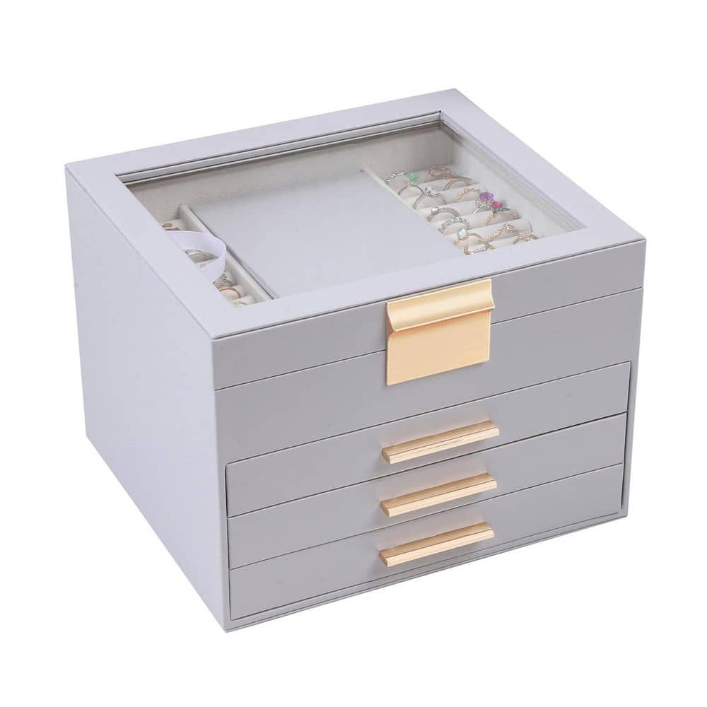 Grey 4-Layers Rectangular Clear Lid Jewelry Box with 3-Drawers Jewelry ...