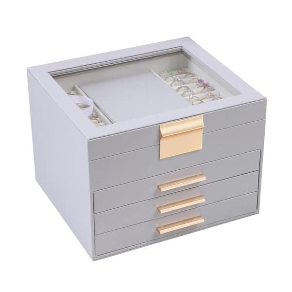 Grey 4-Layers Rectangular Clear Lid Jewelry Box with 3-Drawers Jewelry ...