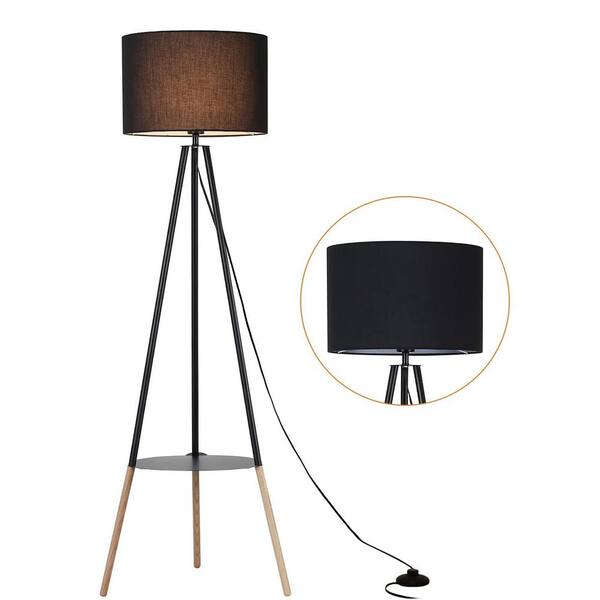 Zompoo Modern 59 in. 1-Light Black Wood Tripod Floor Lamp for Living ...
