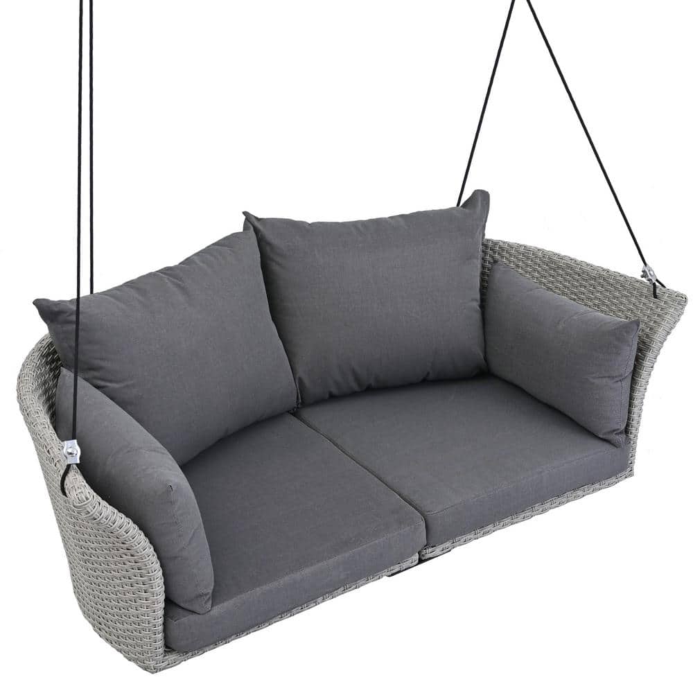 myhomore 51.9 in. Gray 2-Person Wicker Porch Swing with Cushion DBSW-GY - The Home Depot