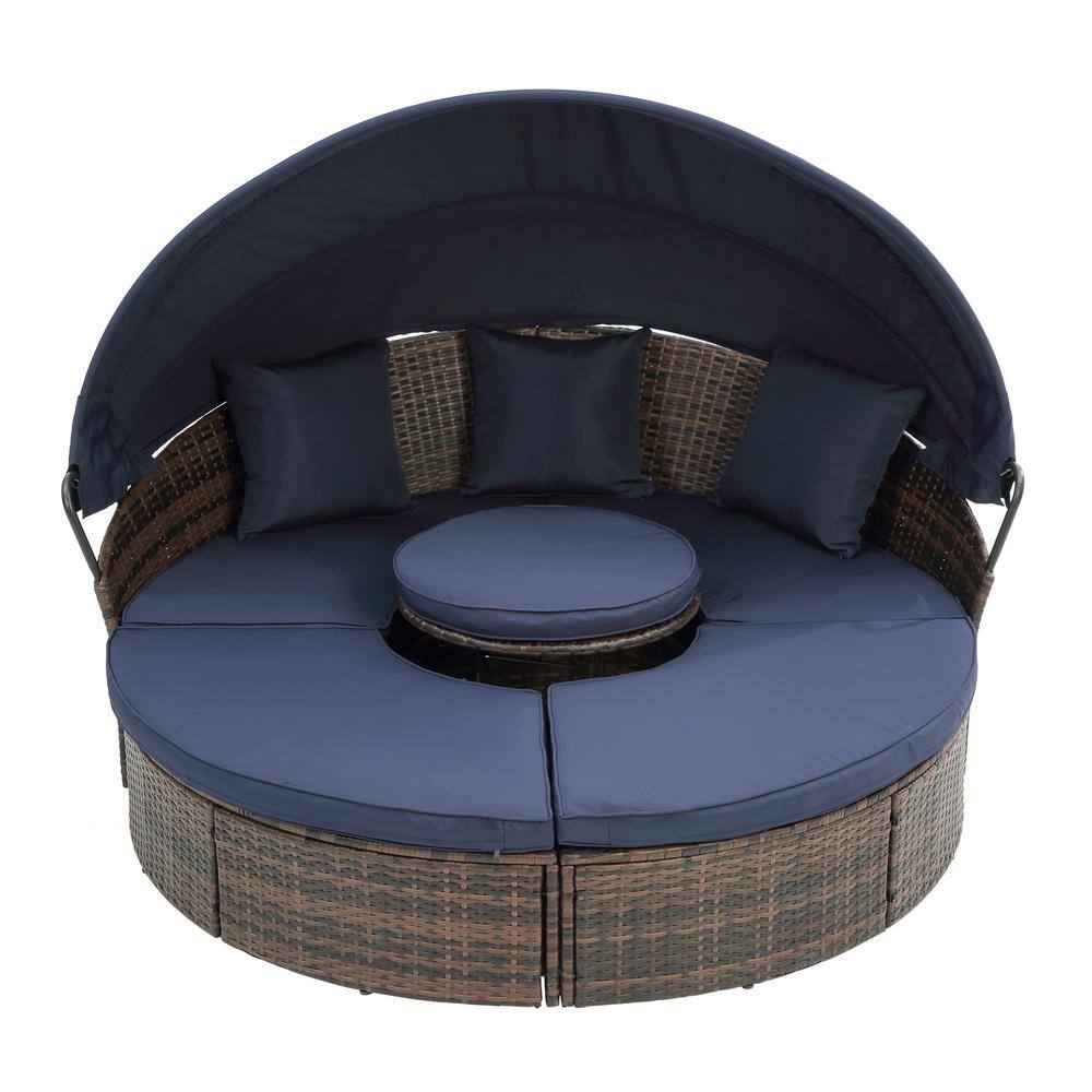 Sudzendf Brown Wicker Rattan Outdoor Round Lounge Day Bed with Navy ...
