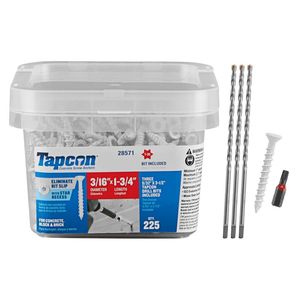 Tapcon 3/16 in. x 1-3/4 in. White Ultrashield Star-Flat-Head Concrete Anchors (225-Piece) 28571 ...