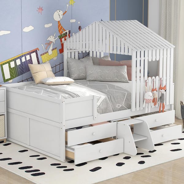 Harper And Bright Designs White Wood Frame Full Size House Shaped Low