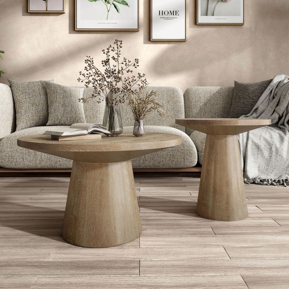 Furniture of America Leander 2-Piece 29 in. Oak Round Wood Coffee Table ...