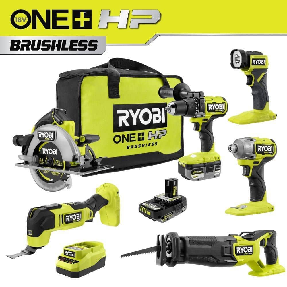 RYOBI ONE+ 18V Cordless 6-Tool Combo Kit with (2) Batteries, Charger ...