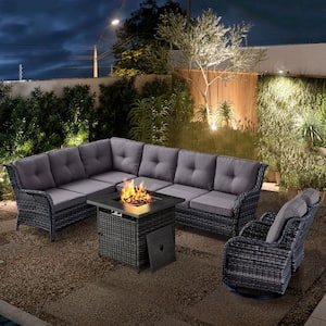 Gymojoy Carolina Gray 7-Piece Wicker Patio Fire Pit Seating Set with ...