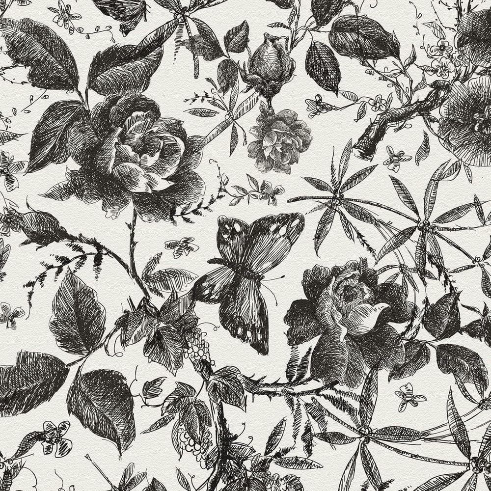 Black Vintage Rose Self-Adhesive Removable Peel and Stick Wallpaper ...