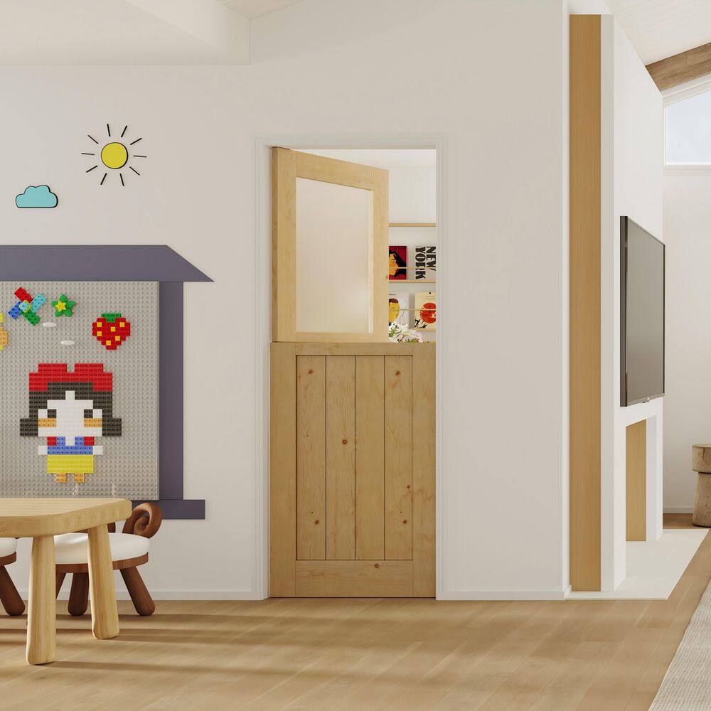 TENONER 24 in. x 80 in. Half Frosted Glass Solid Core Natural Pine Wood ...