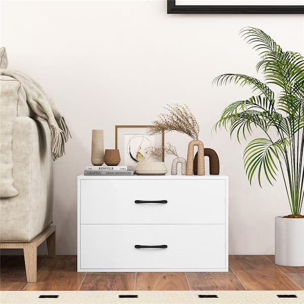 2 Drawer Stackable Horizontal Storage Cabinet Dresser Chest with Handles White