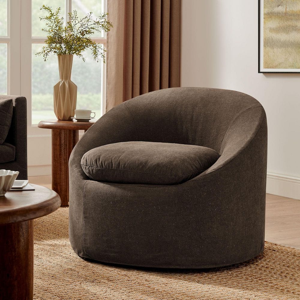 MODWAY Sadie Cocoa Brown Fabric Slipcovered Linen-Blend Round Accent ...