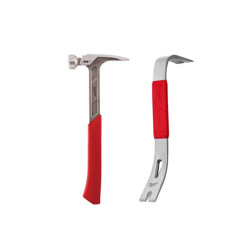 Milwaukee 22 oz. Smooth Face Framing Hammer with 12 in. Pry Bar 48-22 ...