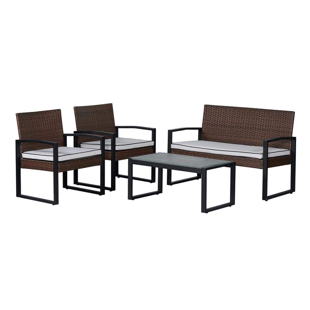 JONATHAN Y Elina 4-Piece Modern Coastal Faux Wicker Patio Conversation ...