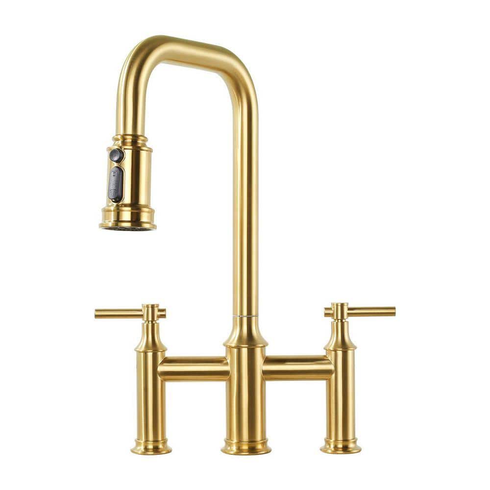 ALEASHA 3-Holes Double Handle Brass Bridge Kitchen Faucet with 3-Modes ...